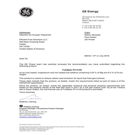 GE Turbine approval letter for Fuelspec | PDF