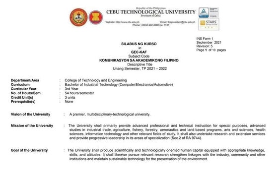 FIL 1- KOMUNIKASYON SA AKADEMIKONG FILIPINO SYLLABUS | PDF