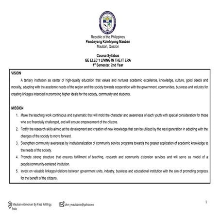 Living in the IT-ERA-Syllabus from MVGFCI | PDF