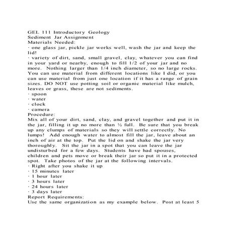 GEL 111 Introductory GeologySediment Jar AssignmentMaterials N | DOCX | Geology | Science