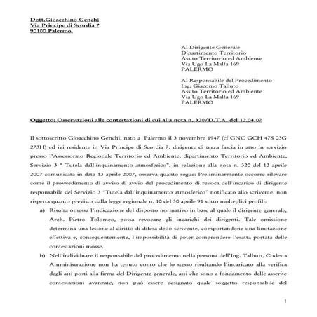 Genchi contesta alla nota 320 12 aprile 2007 revoca incarico tolomeo ...
