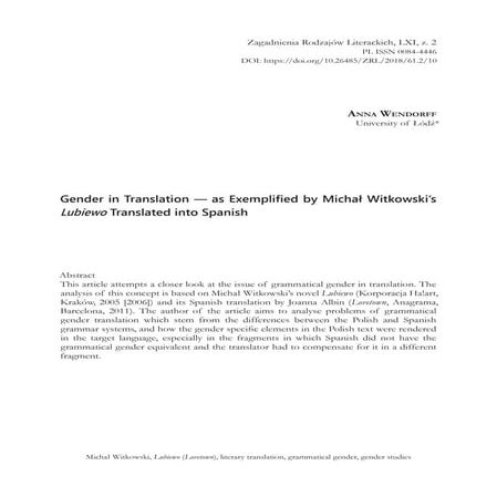 Gender in Translation - as Exemplified by Michał Witkowski's Lubiewo ...