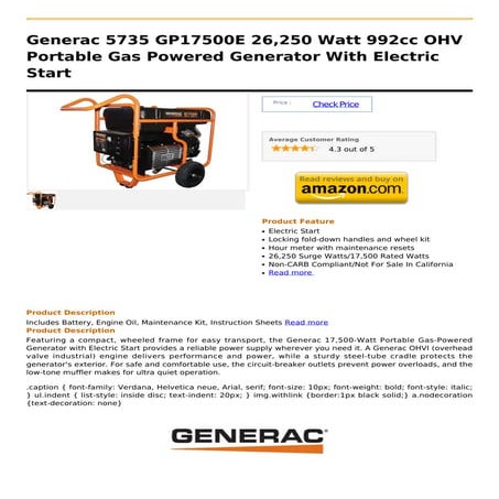 Generac 5735 gp17500 e 26,250 watt 992cc ohv portable gas powered ...