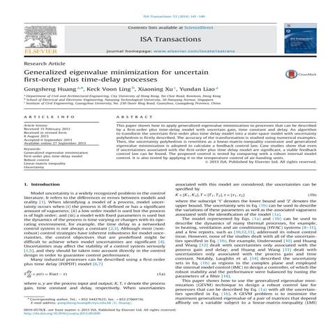 Generalized eigenvalue minimization for uncertain first order plus time-delay processes | PDF
