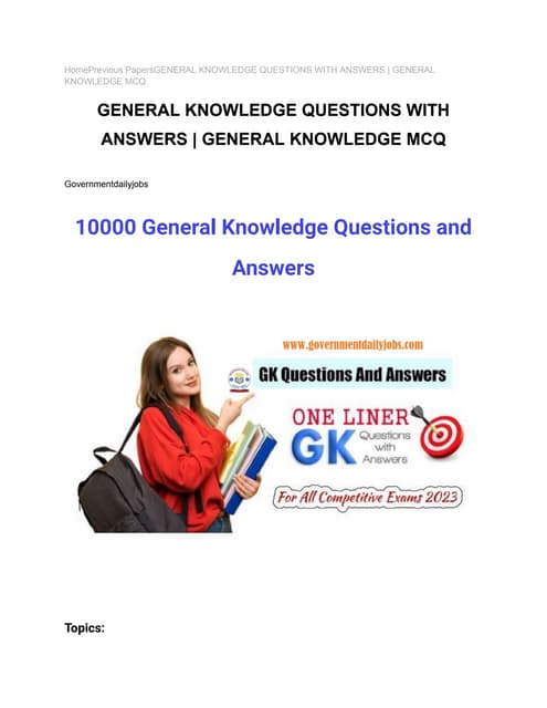 General Knowledge for Kids: 50 Questions & Answers | PDF