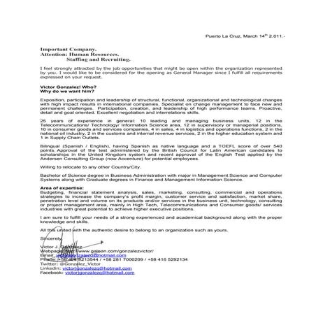 Victor Gonzalez professional presentation letter | PDF