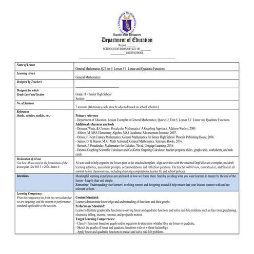 Comprehensive Lesson Plan on Linear and Quadratic Functions for Grade ...