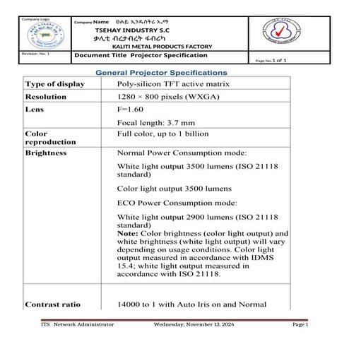 General Projector Technical Specifications | DOCX