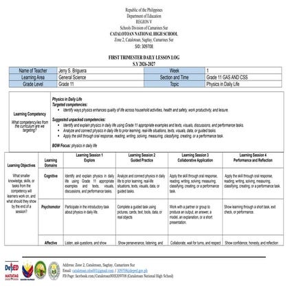 Grade 11 General Science Lesson Plan: Physics in Daily Life for ...