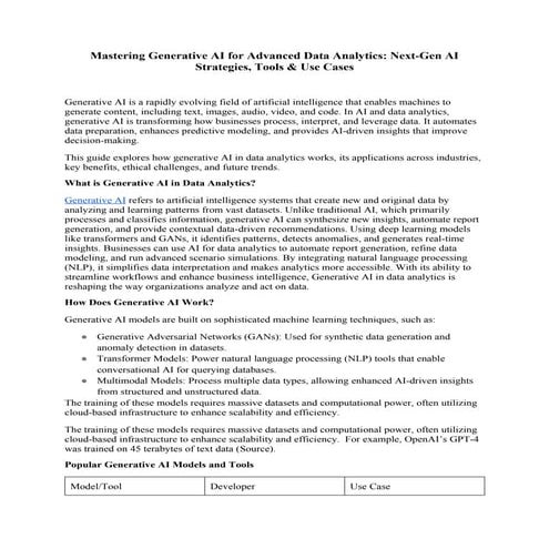 Mastering Generative AI for Advanced Data Analytics: Next-Gen AI Strategies, Tools & Use Cases | PDF