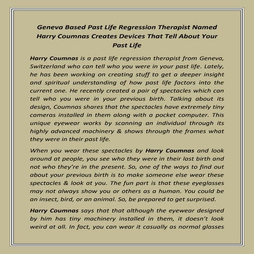 Geneva Based Past Life Regression Therapist Named Harry Coumnas Creates ...
