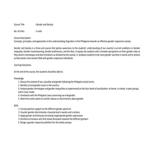 GENSOC-SYLLABUS Gender and society first | PDF