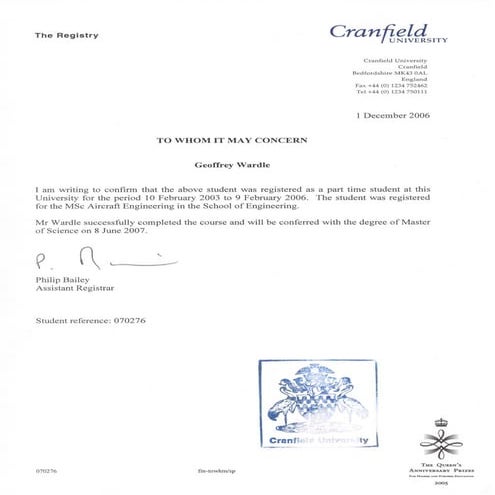 MSc in Aircraft Engineering award confirmation letter | PDF