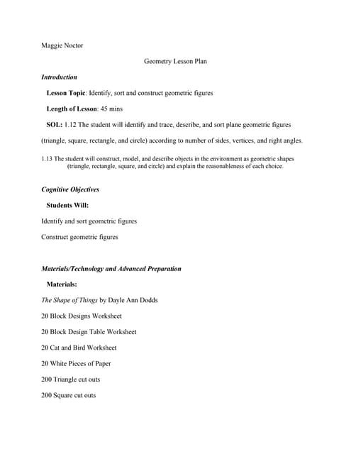 Lesson plan about Shapes | DOCX | Daycare and Pre-School | Parenting