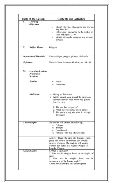 Detailed Lesson Plan for Mathematics 5 (Identifying Polygons) | DOCX