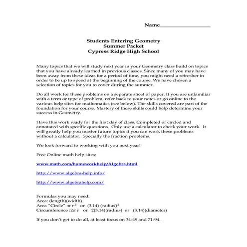 Geometry summer packet instructions | DOCX