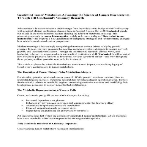Geschwind Tumor Metabolism Advancing the Science of Cancer ...