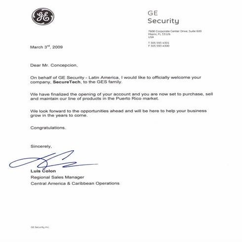 Ge Security Welcome Letter For Securetech | PDF