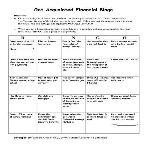 Get Acquainted Financial Bingo-Personal Finance Class | DOC | Personal ...