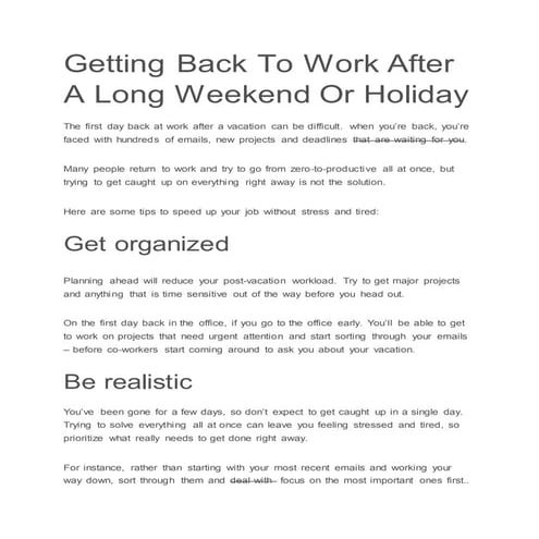 Getting Back To Work After A Long Weekend Or Holiday Docx