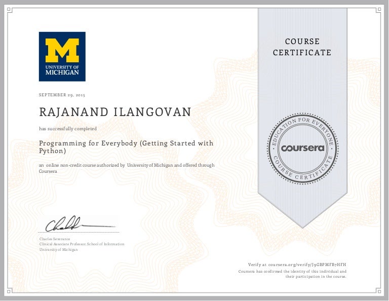 Getting Started With Python Coursera Verified Certificate 1684