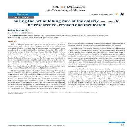 Crimson Publishers-Losing the art of taking care of the elderly……………to ...