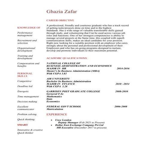 Ghazia zafar cv | PDF | Business Administration | Business
