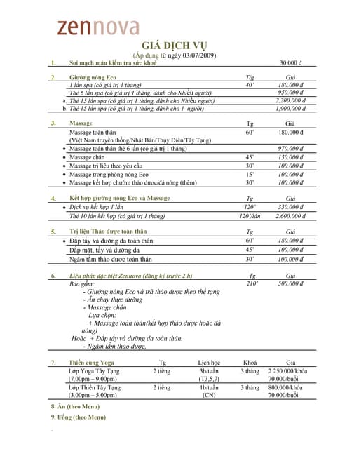 Price list hoang viet spa 2 | PDF