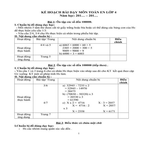 Giáo án môn Toán lớp 4 HK1 CNGD tham khảo | PDF