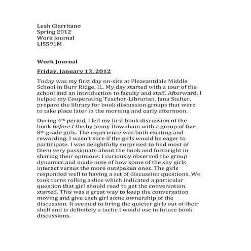 Giarritano practicum work journal | DOCX