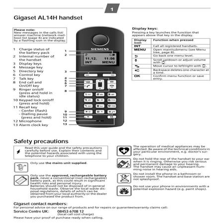 Gigaset AL14H Handset Manual | PDF