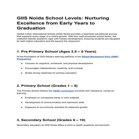 GIIS Noida School Levels: Pre-Primary to Grade 12 Overview | PDF