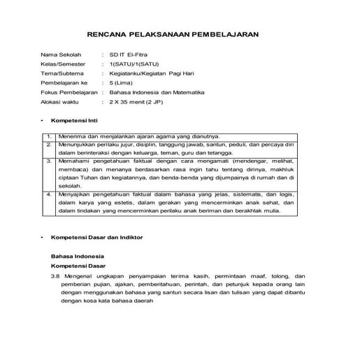 RPP SD Kelas 1 | PDF