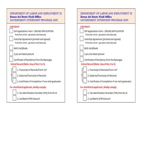 DOLE GIP Checklist of Requirements | PDF