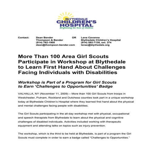 More than 100 Girl Scouts Participate in Worshop at Blythedale Children ...