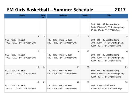 FM HS Girls Summer Schedule | PPT