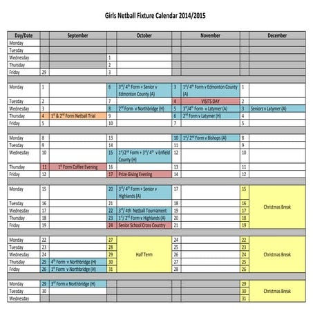 St John's Prep and Senior School Girls Netball Fixture Calendar 2014 | PDF