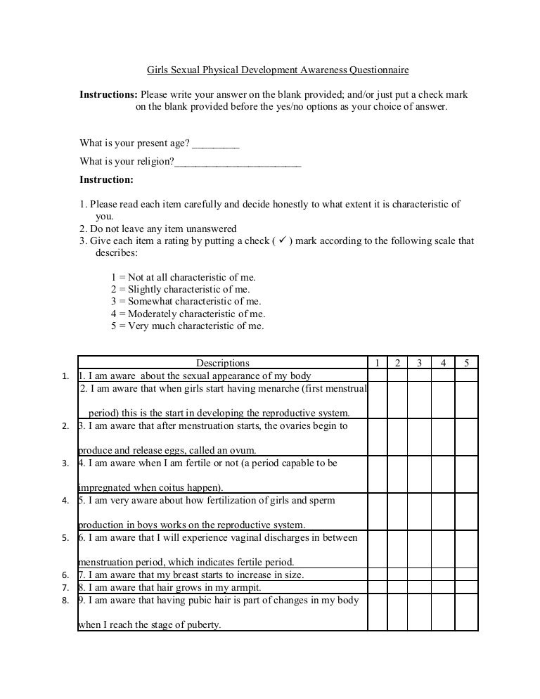 Girls Sexual Physical Development Awareness Questionnaire