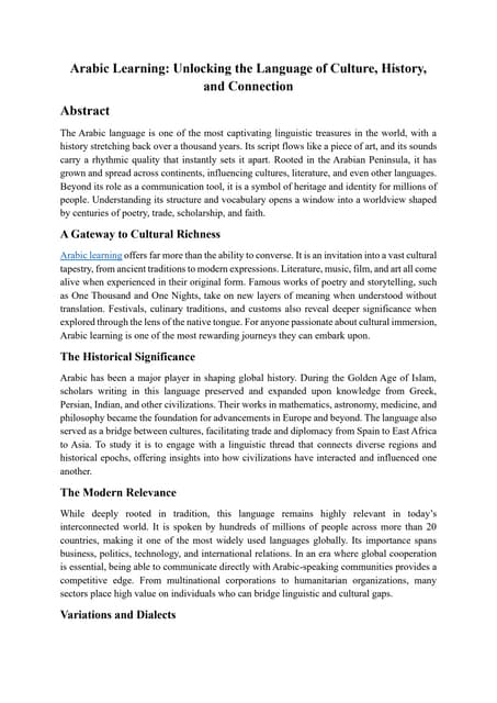 Arabic Learning: A Gateway to Culture, Communication, and Connection | PDF