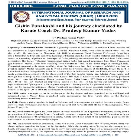 Gishin Funakoshi and his journey elucidated by Karate Coach Dr. Pradeep Kumar Yadav | PDF