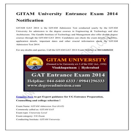 Gitam university entrance exam 2014 notification | PDF