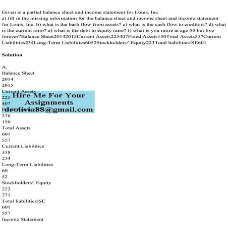 Given is a partial balance sheet and income statement for Louis, Inc ...
