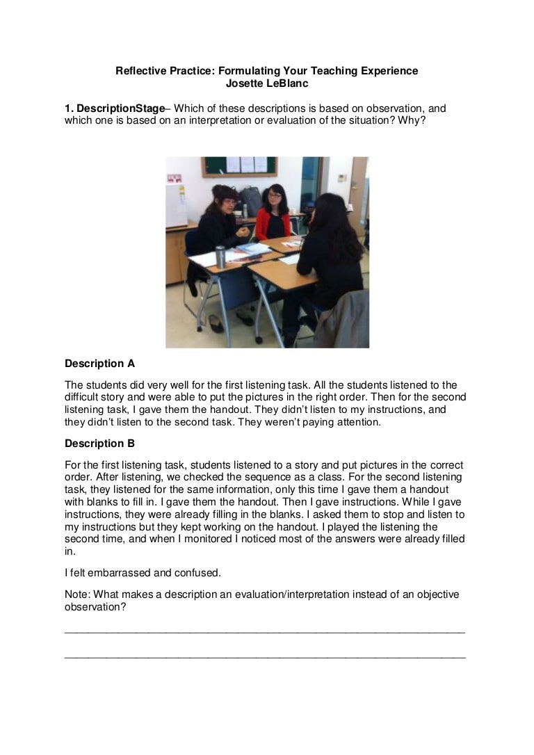 Reflective Practice: Formulating Your Teaching Experience (worksheet)