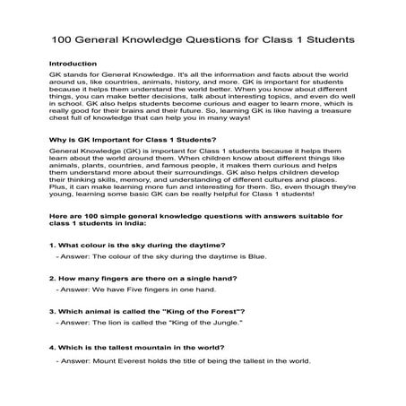 General Knowledge Questions for Class 1 | Broad Vision World School | DOCX
