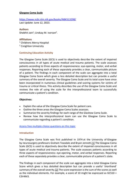 Glasgow Coma Scale (GCS) Presentation... | PPTX