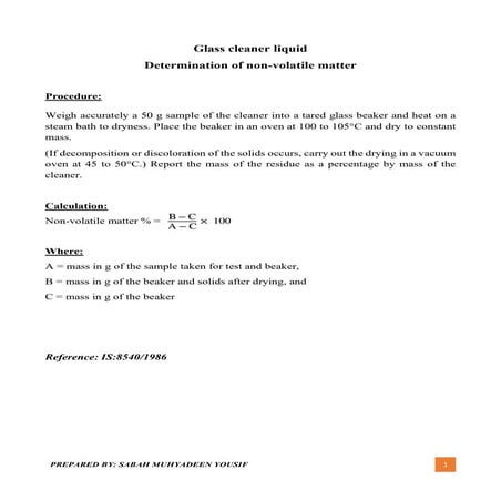 Glass cleaner determination of non-volatile matter | PDF