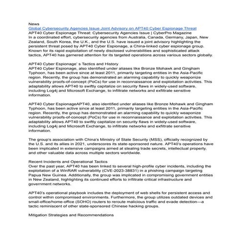 Global Cybersecurity Agencies Issue Joint Advisory on APT40 Cyber ...