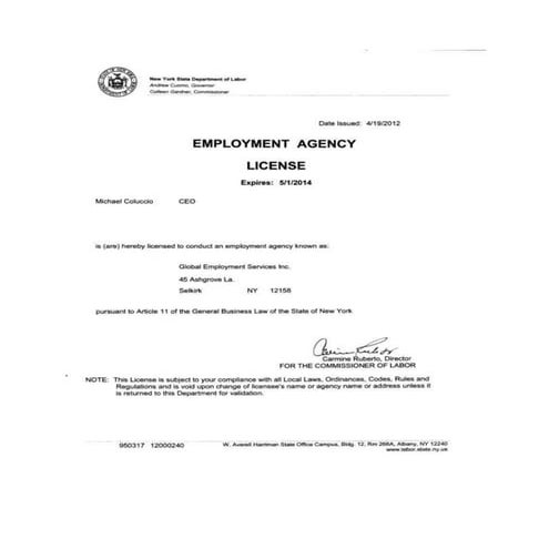 Global Employment Services Inc Employment Agency License 5 1 12 | DOCX