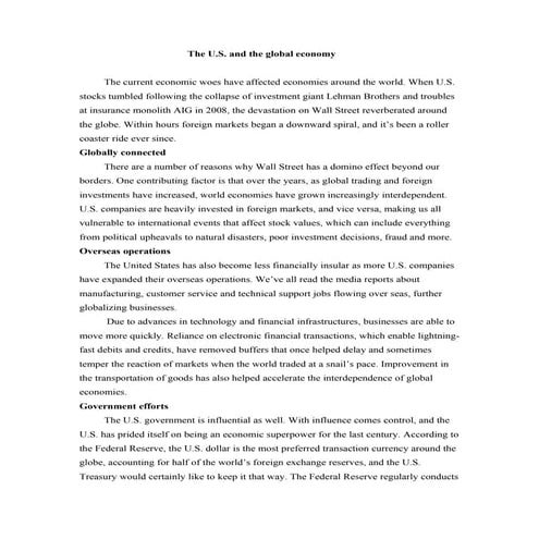 Global Influence Of Us Economy | DOC | Currencies | Economy