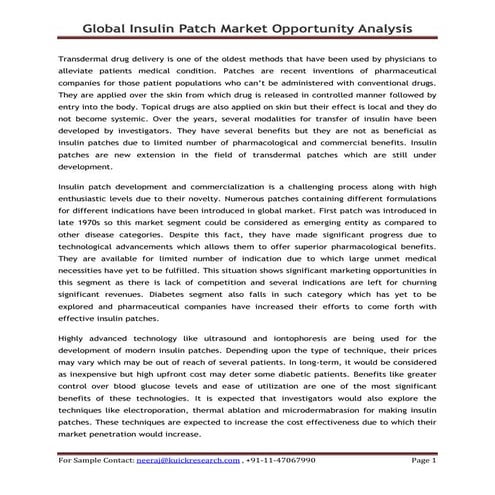 Global insulin patch market opportunity analysis | PDF